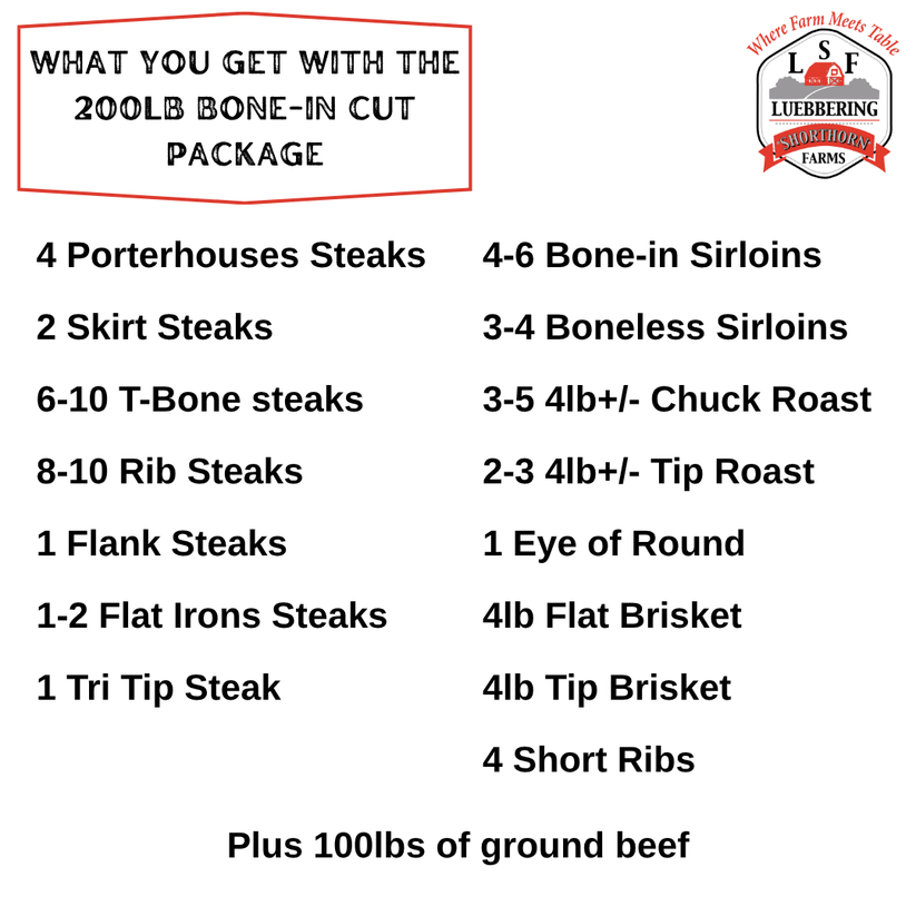 Half Beef (200lbs) Bone-In Cut Package – Luebbering Shorthorn Farms